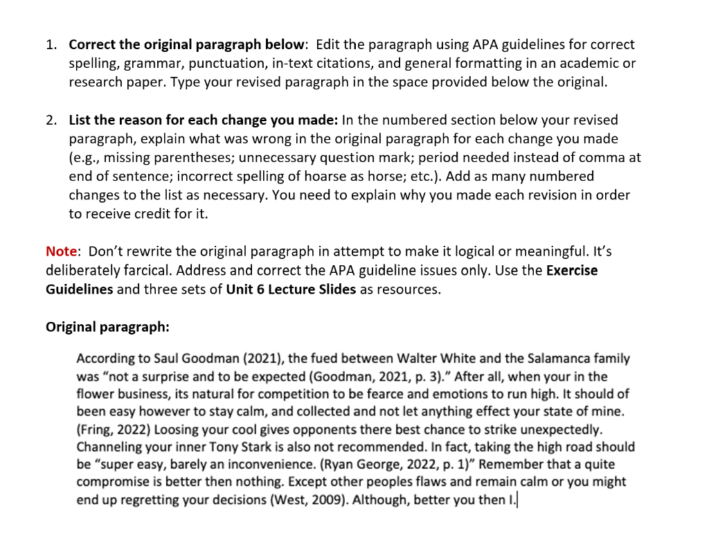 Solved 1. Correct the original paragraph below: Edit the | Chegg.com