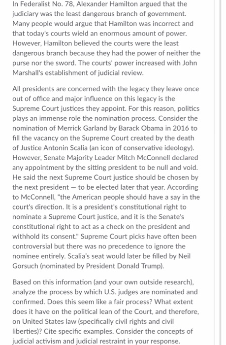 In Federalist No. 78, Alexander Hamilton argued that | Chegg.com