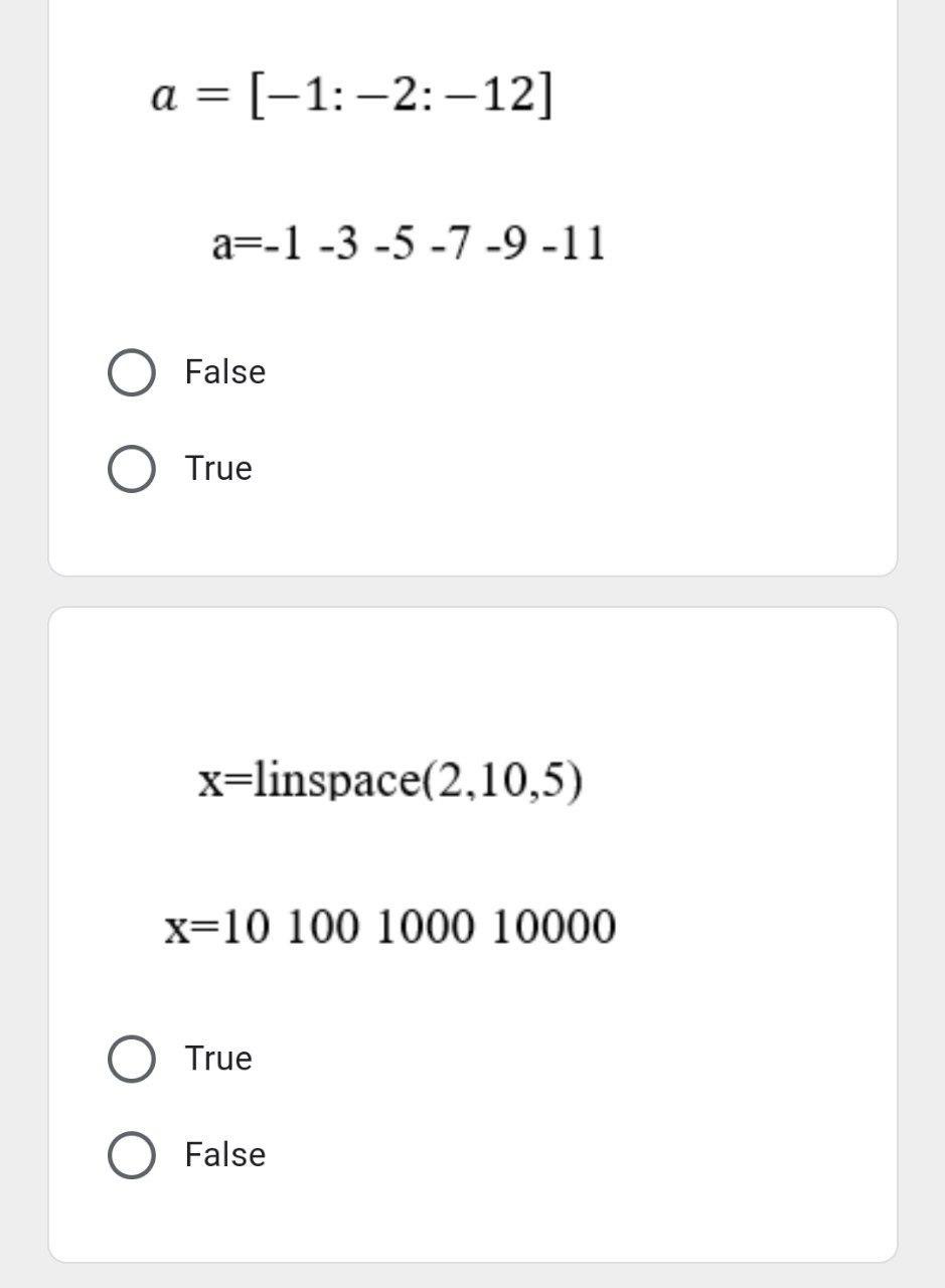 Solved a = (-1:-2:–12] = a=-1-3-5-7-9-11 False True | Chegg.com