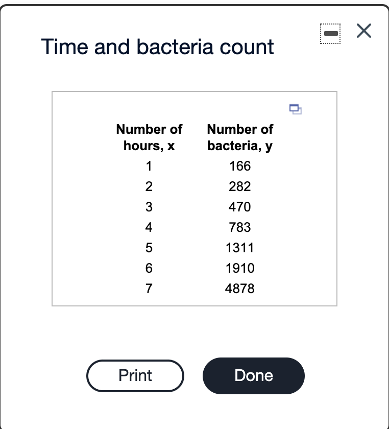 Solved Х Time and bacteria count Number of hours, x 1 Number | Chegg.com