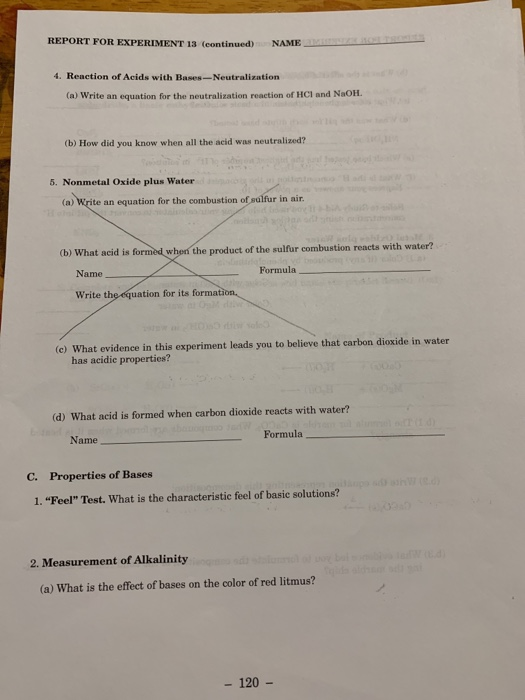 Solved REPORT FOR EXPERIMENT 13 (continued)NAME 4. Reaction | Chegg.com