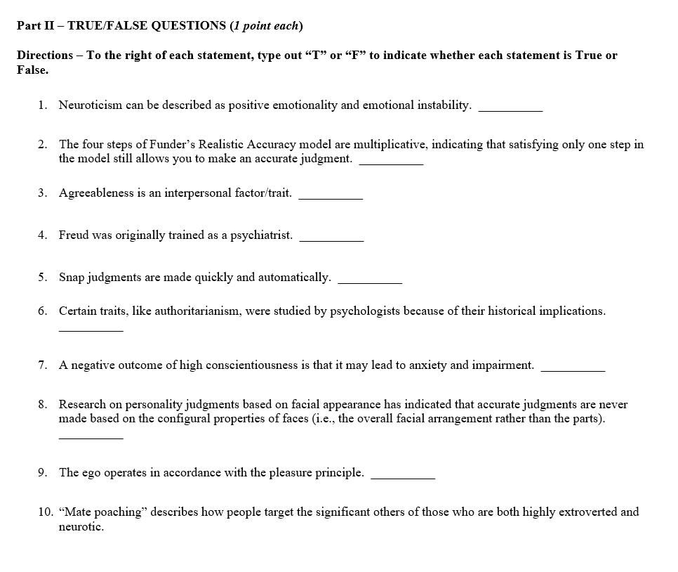 Solved Part II - TRUE/FALSE QUESTIONS (1 point each) | Chegg.com