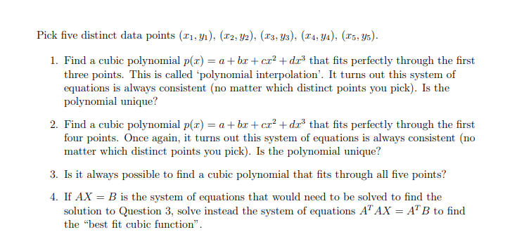 Pick five distinct data points | Chegg.com
