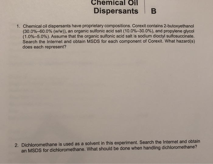 Solved Chemical Oil Dispersants B Chemical oil dispersants | Chegg.com