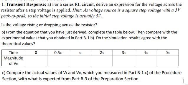 1. Transient Response: a) For a series RL circuit, | Chegg.com