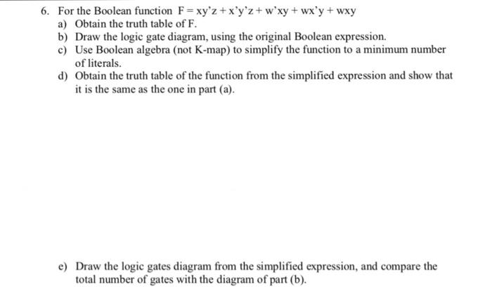 Solved 6 Boolean Function F Xyz X Y Z W Xy Wr Y Wx Y Obtain Truth Table F B Draw Logic Gate