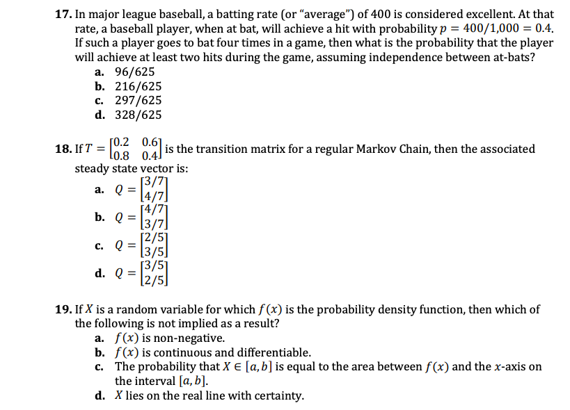 Solved 17. In major league baseball, a batting rate (or | Chegg.com