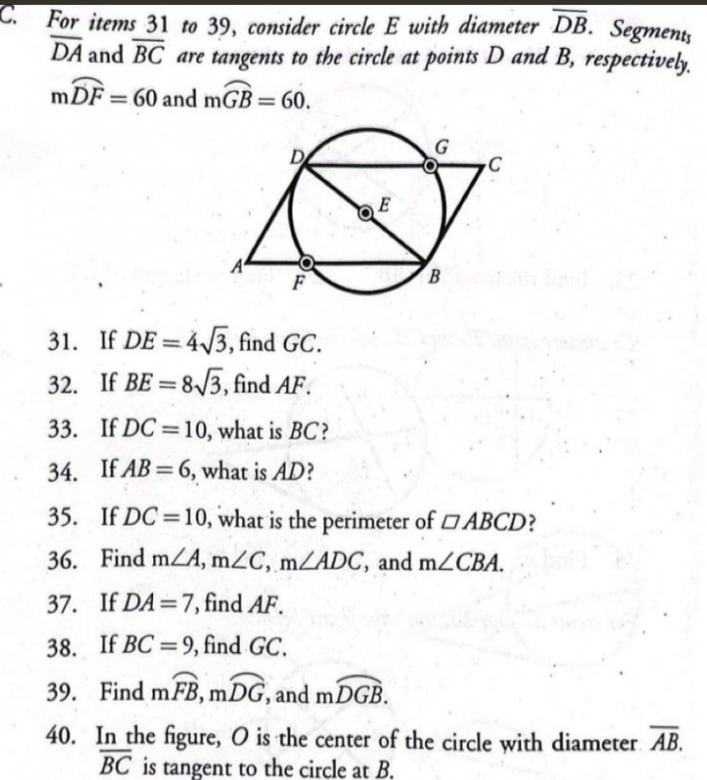 Solved For items 31 to 39 , consider circle E with diameter | Chegg.com