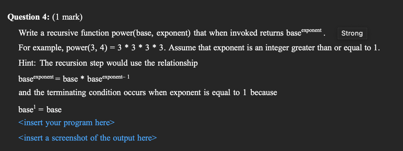 Solved Question 4 1 Mark Write A Recursive Function 4052