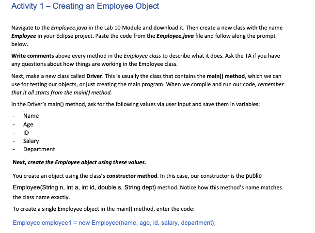 Solved Activity 1 Creating An Employee Object Navigate To