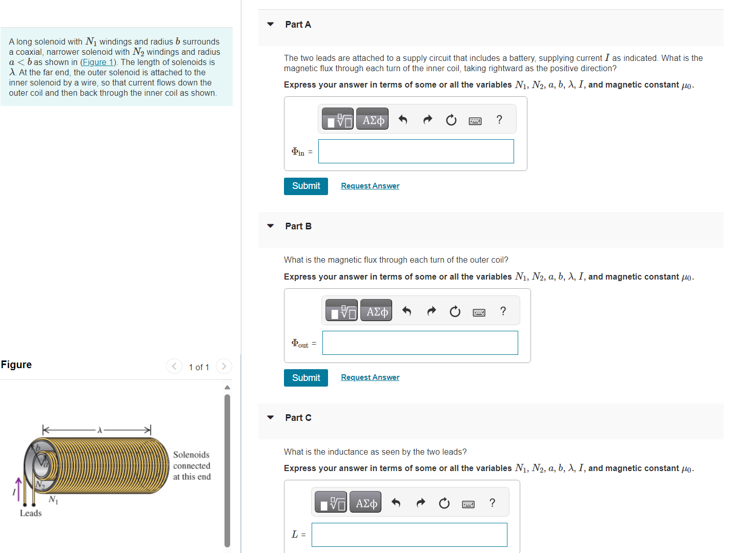 Solved A long solenoid with N1 windings and radius b | Chegg.com