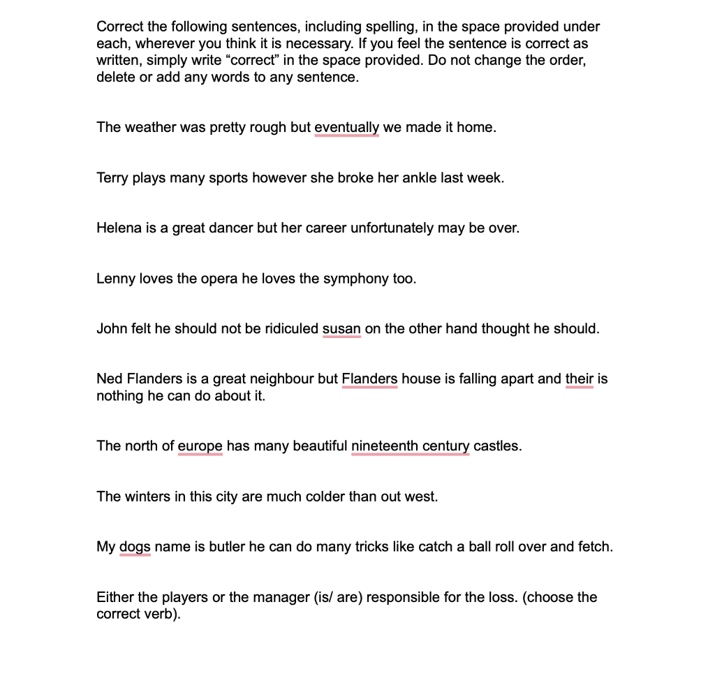 Correct the following sentences, including spelling, | Chegg.com