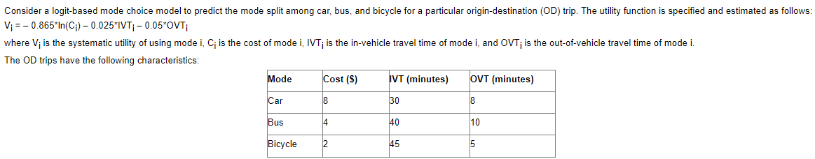 Solved Consider a logit-based mode choice model to predict | Chegg.com