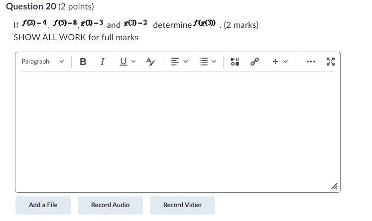 Solved If f(2)=4,f(5)=8,g(1)=3 and g(3)=2 determine f(g(3)). | Chegg.com