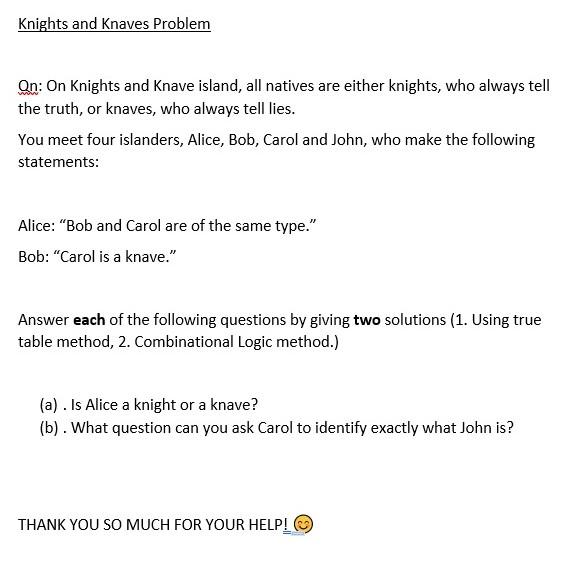 Solved Knights and Knaves Problem Qn: On Knights and Knave | Chegg.com