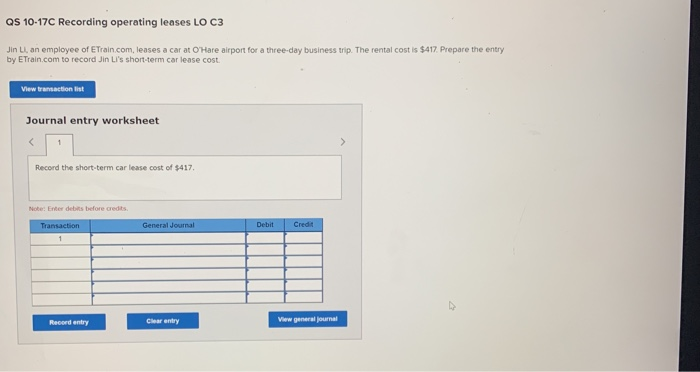 Solved QS 10-17C Recording operating leases LO C3 Jin Li, an | Chegg.com