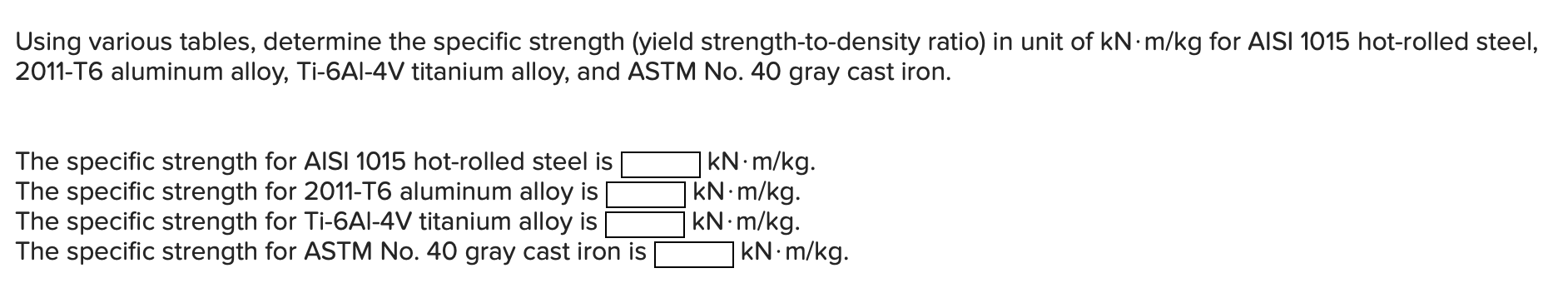 Solved Using various tables, determine the specific strength | Chegg.com