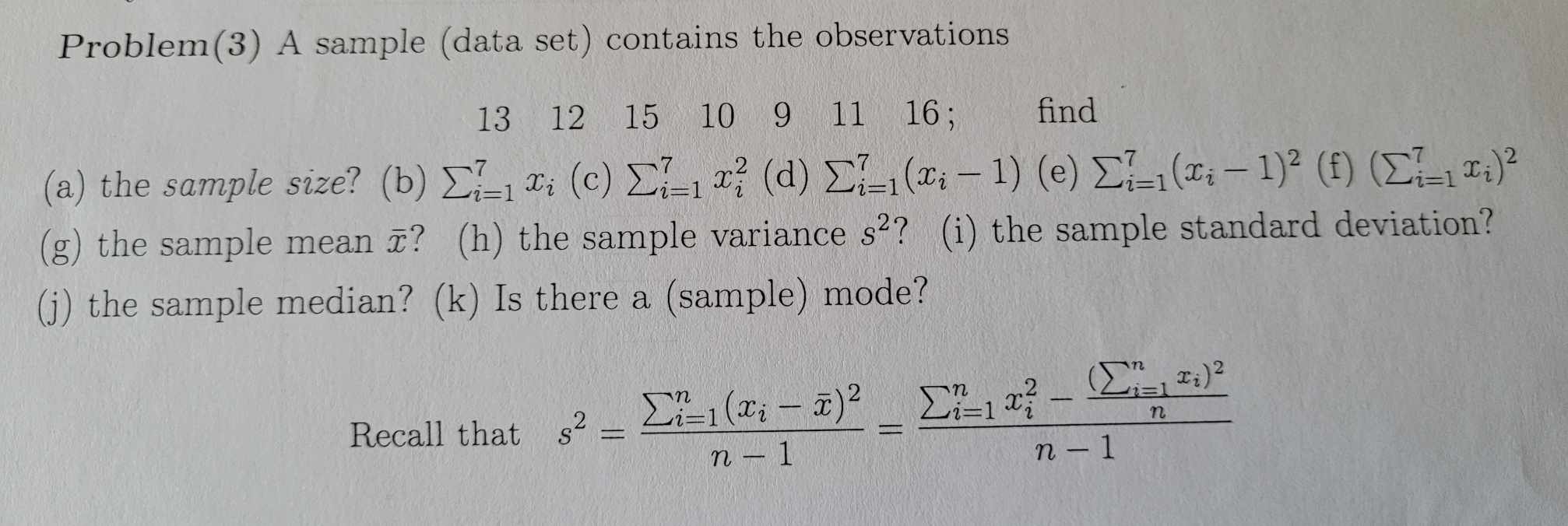Solved Problem(3) A sample (data set) contains the | Chegg.com