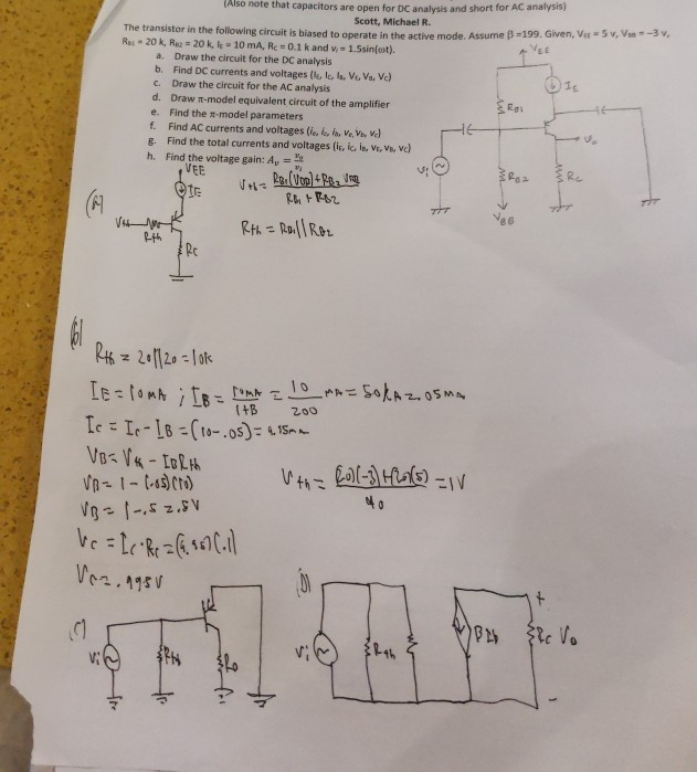 Solved Also note that capacitors are open for DC analysis | Chegg.com