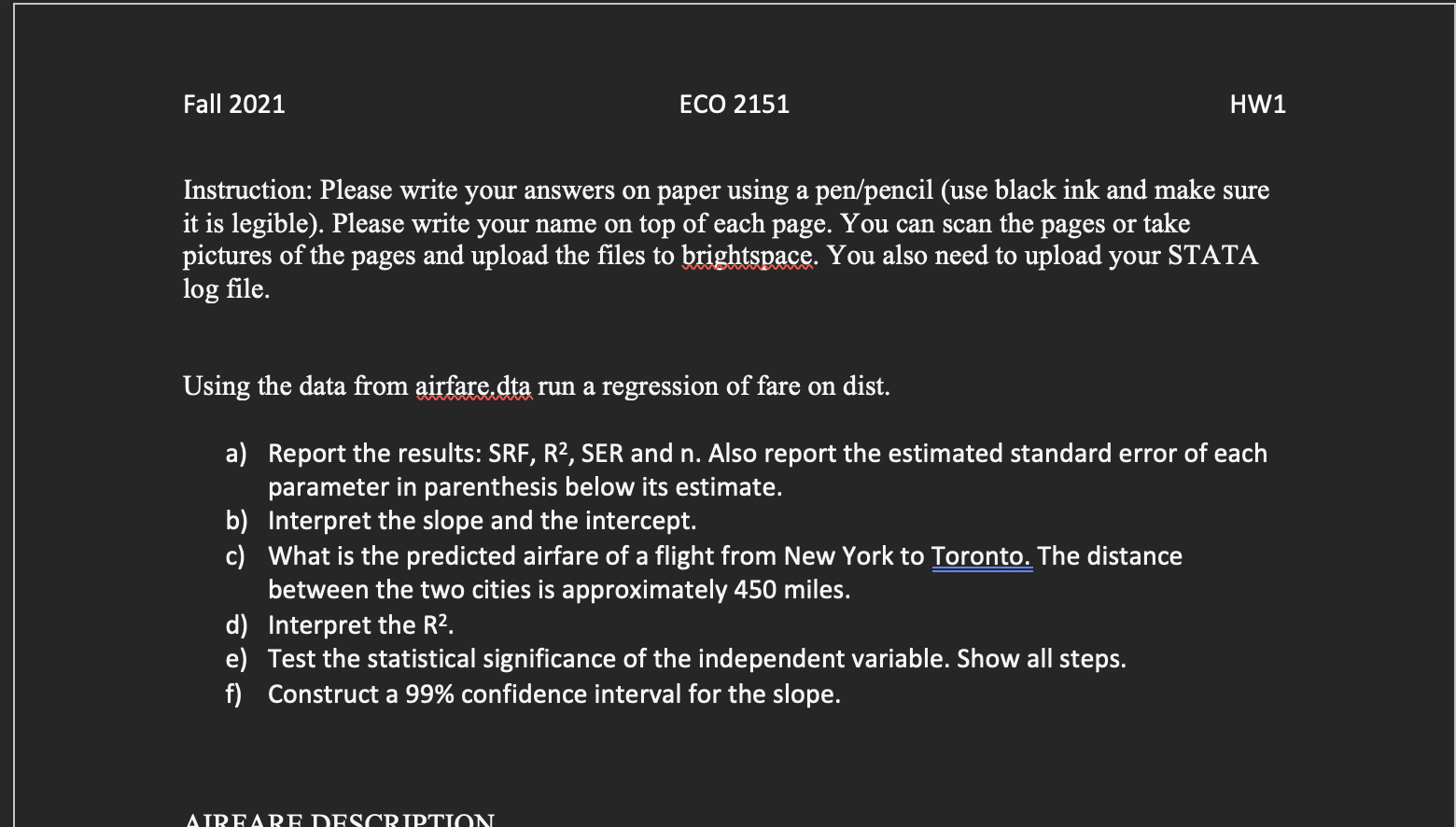 Fall 2021 ECO 2151 HW1 Instruction: Please write your | Chegg.com