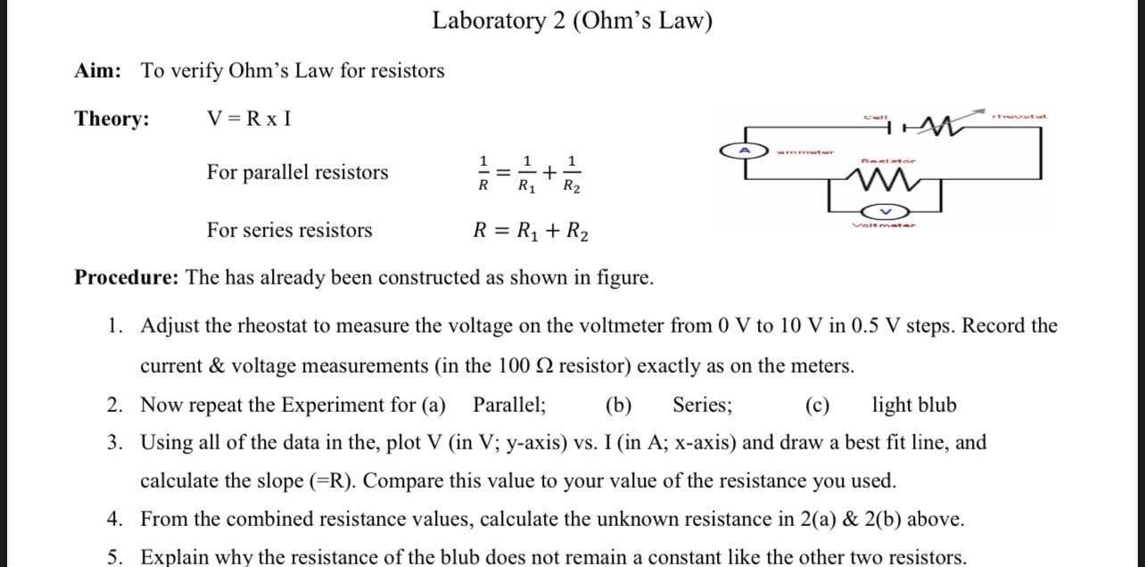 Solved Laboratory 2 (Ohm's Law) Aim: To verify Ohm's Law for | Chegg.com