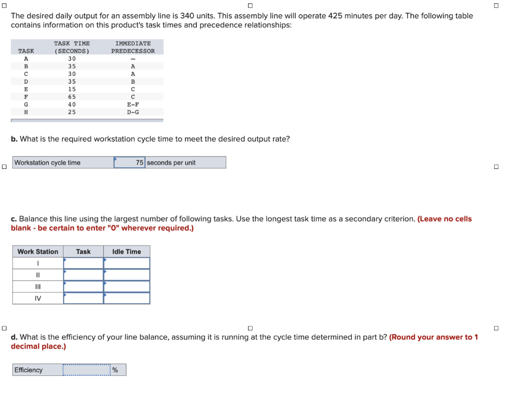 Solved D The desired daily output for an assembly line is | Chegg.com