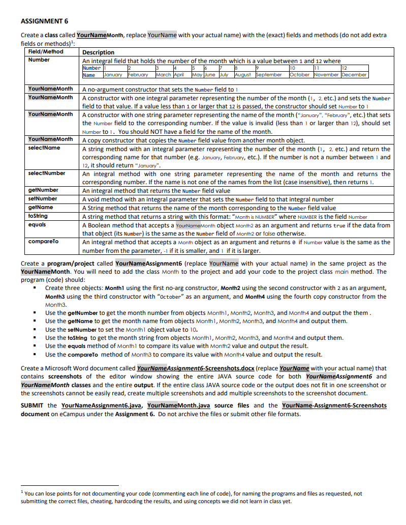 Solved ASSIGNMENT 6 Create a class called YourNameMonth, | Chegg.com