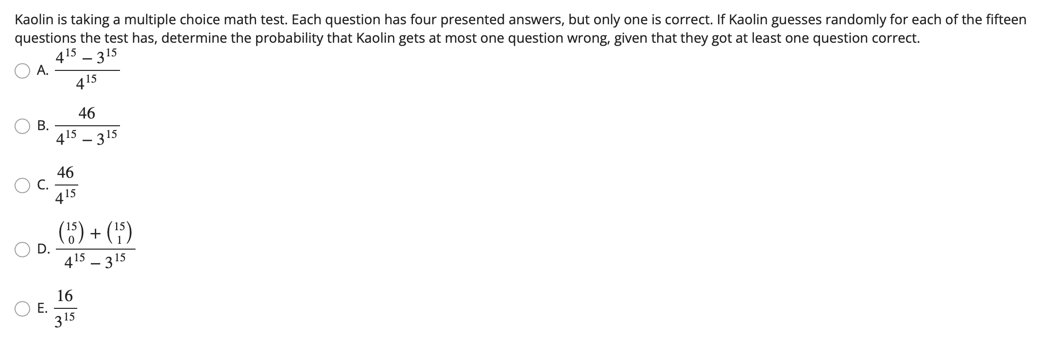 Solved Kaolin is taking a multiple choice math test. Each | Chegg.com