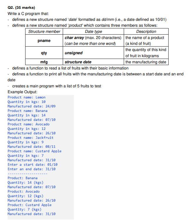 Solved Q2. (35 marks) Write a C program that: - defines a | Chegg.com