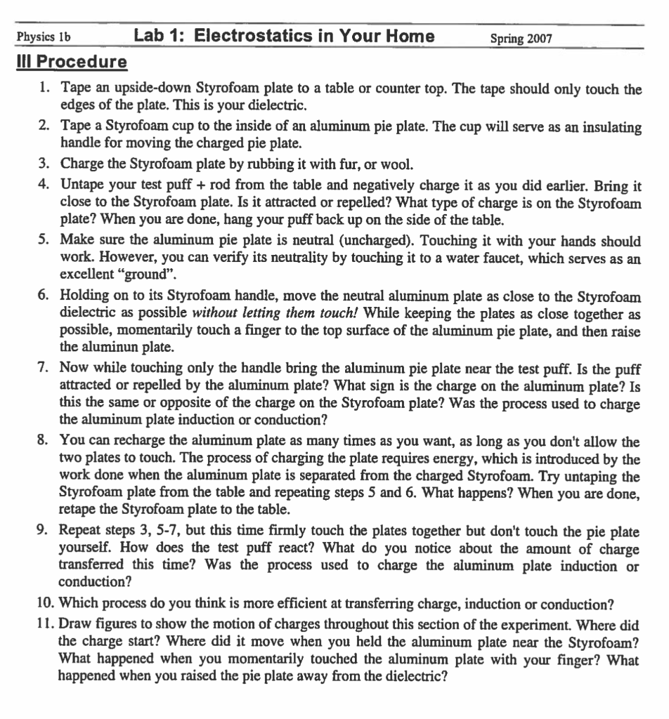 Solved Physics 16 Lab 1: Electrostatics in Your Home Spring | Chegg.com