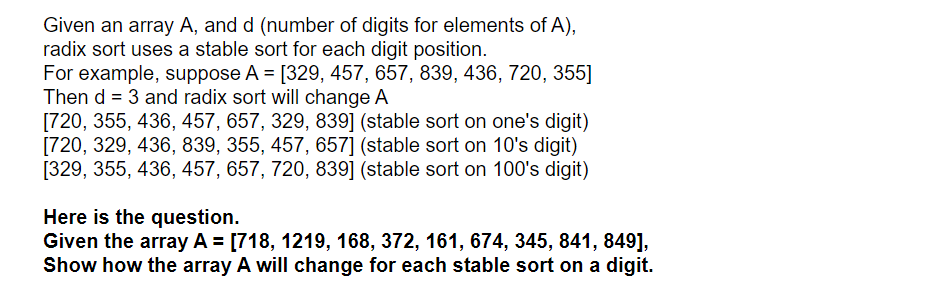 Solved Given an array A, and d (number of digits for | Chegg.com