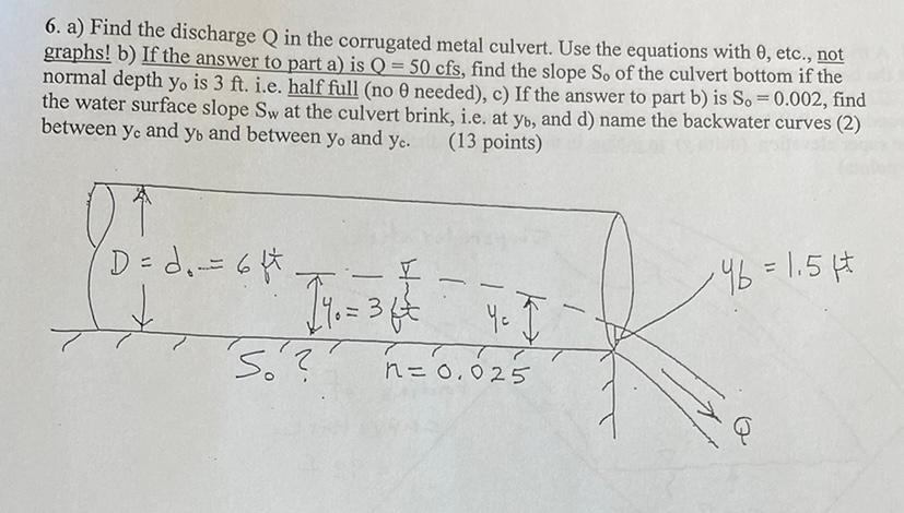 Solved 6. a) Find the discharge Q in the corrugated metal | Chegg.com