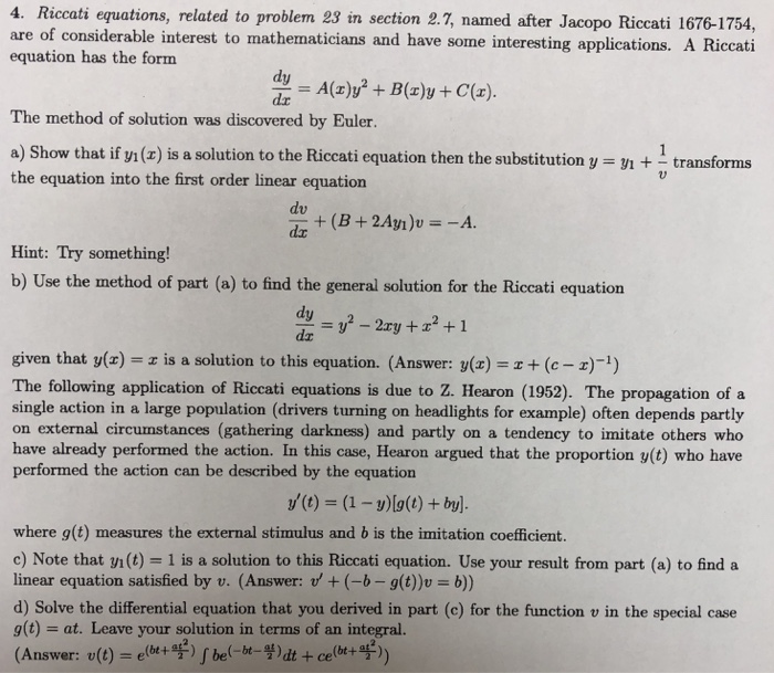 Solved 4. Riccati equations, related to problem 23 in | Chegg.com