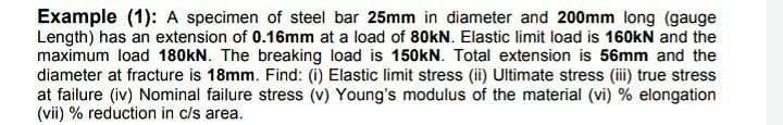 Solved Example (1): A specimen of steel bar 25mm in diameter | Chegg.com