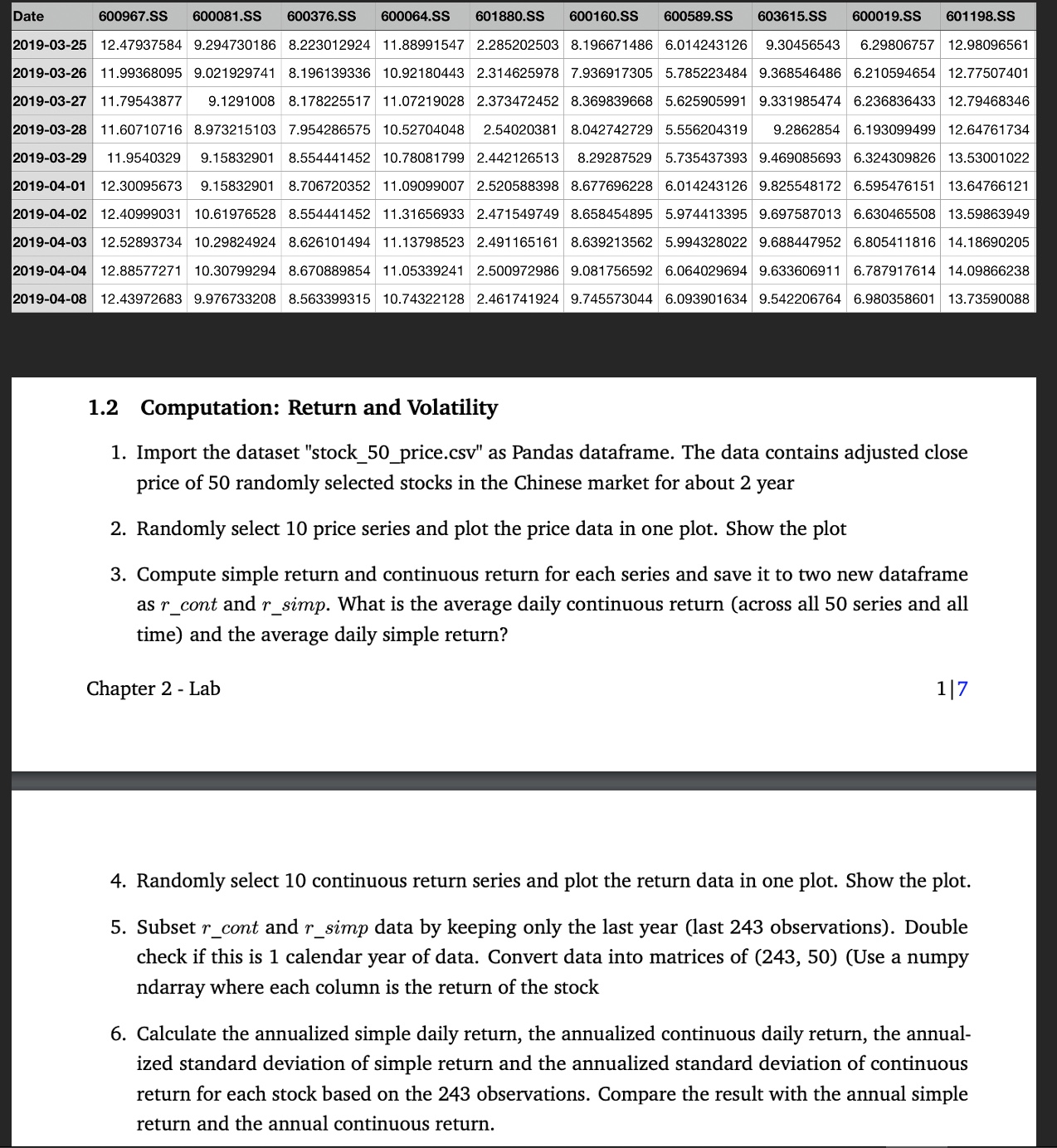 1.2 Computation: Return and Volatility 1. Import the | Chegg.com