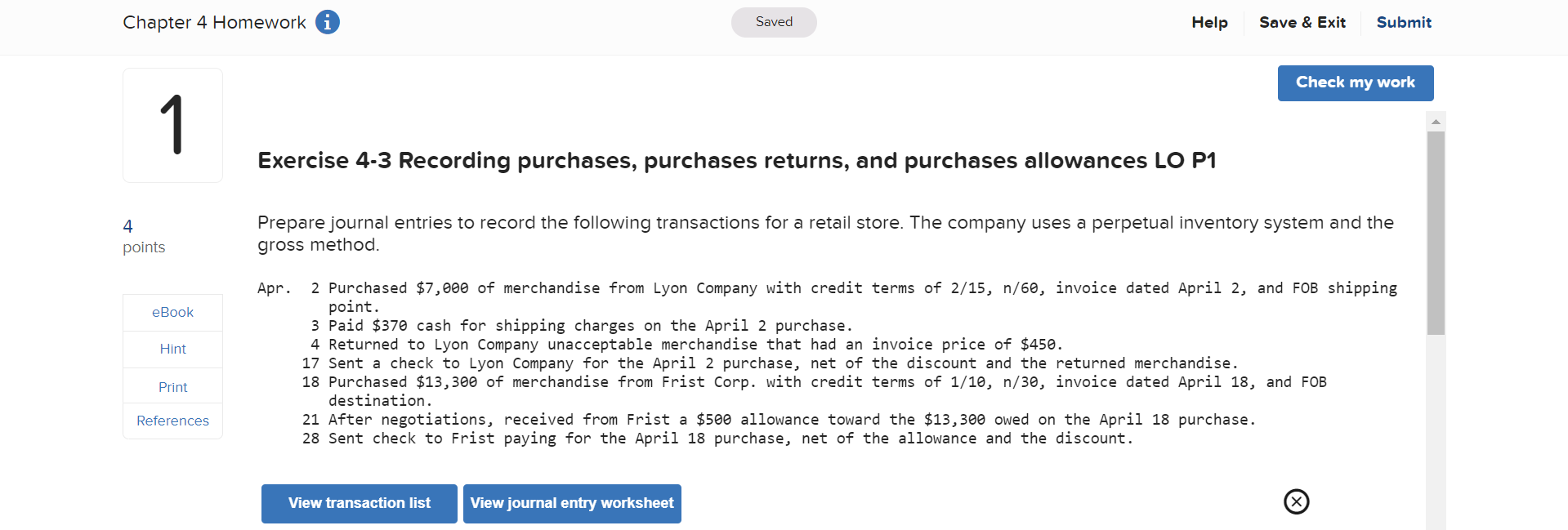 Solved Chapter 4 Homework Saved Help Save & Exit Submit | Chegg.com