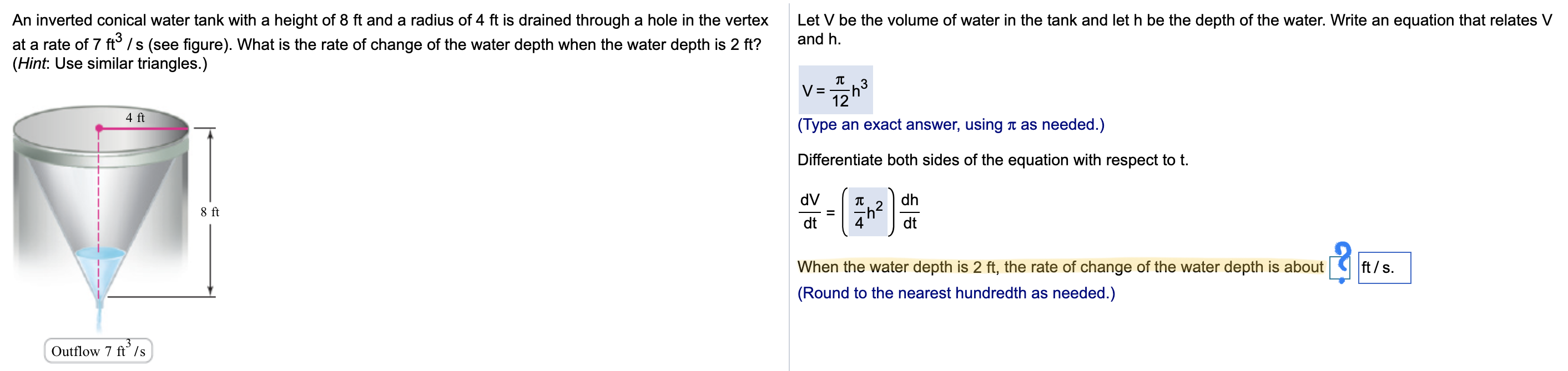 Solved An inverted conical water tank with a height of 8 ft | Chegg.com