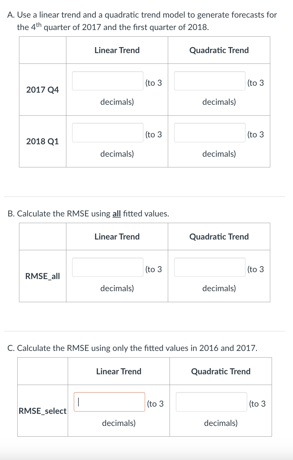 Solved A. Use a linear trend and a quadratic trend model to | Chegg.com