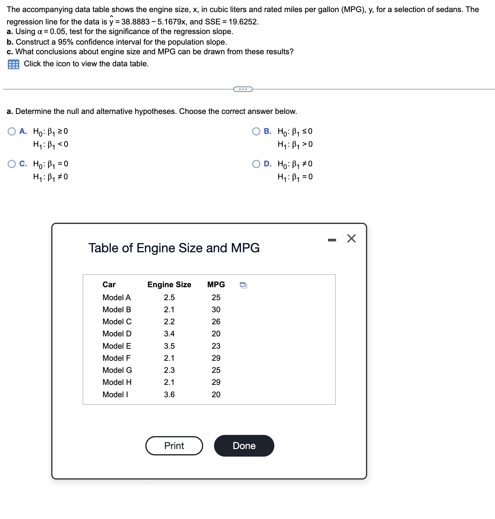 Solved The accompanying data table shows the engine size, x, | Chegg.com