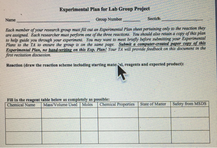 Experimental Plan for Lab Group Project Group Number | Chegg.com
