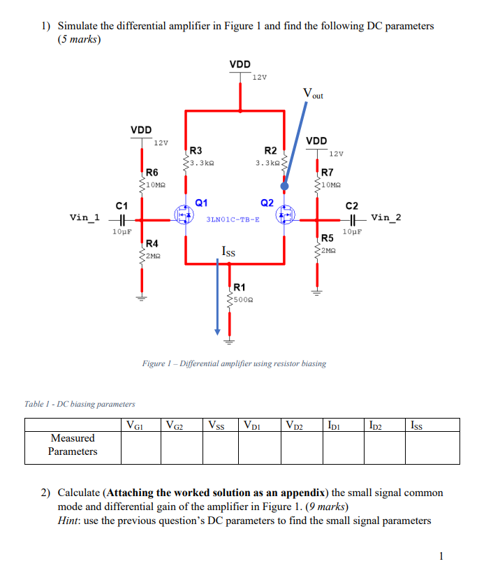 Solved 1) Simulate the differential amplifier in Figure 1 | Chegg.com