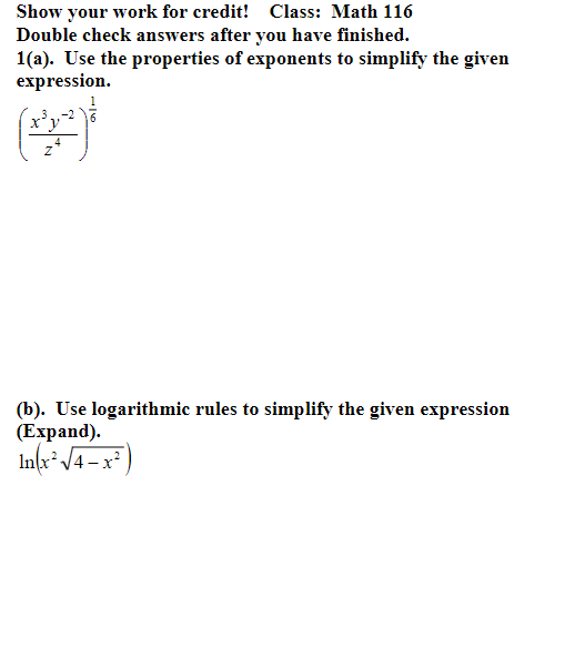 Solved Show your work for credit! Class: Math 116Double | Chegg.com