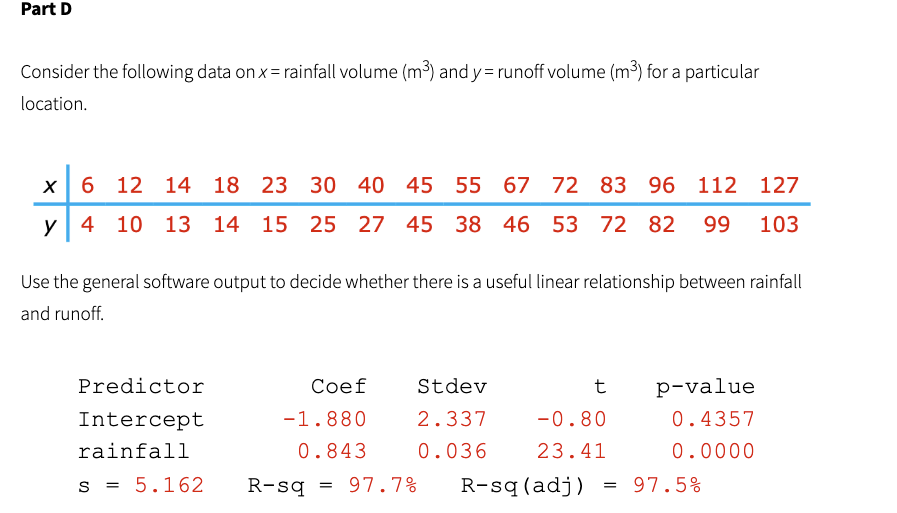 Solved Part DConsider the following data on x= ﻿rainfall | Chegg.com
