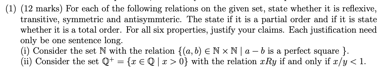 Solved (1) (12 marks) For each of the following relations on | Chegg.com