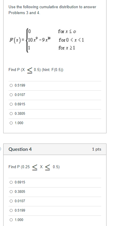 Solved Use the following cumulative distribution to answer | Chegg.com