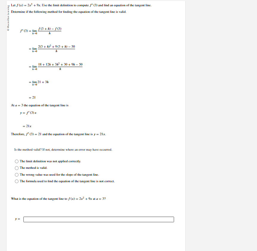 Solved Let f(x)=2x2+9x. ﻿Use the limit definition to compute | Chegg.com