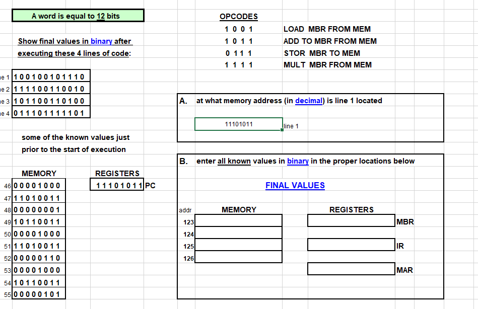 Solved A word is equal to 12 bits Show final values in | Chegg.com