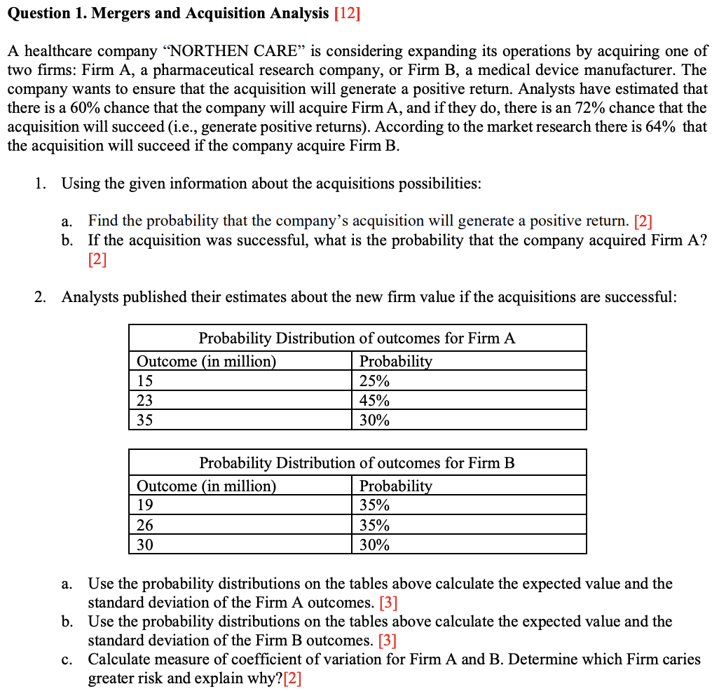 Solved Question 1. ﻿Mergers and Acquisition Analysis [12]A | Chegg.com