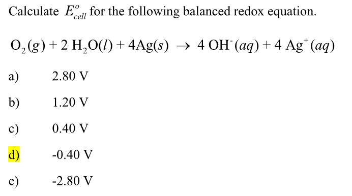 Solved Calculate Ecell o for the following balanced redox | Chegg.com
