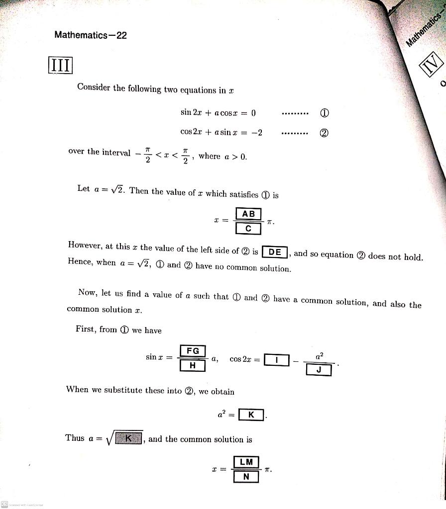 Solved Mathematics-22 Mathematics III IV Consider the | Chegg.com